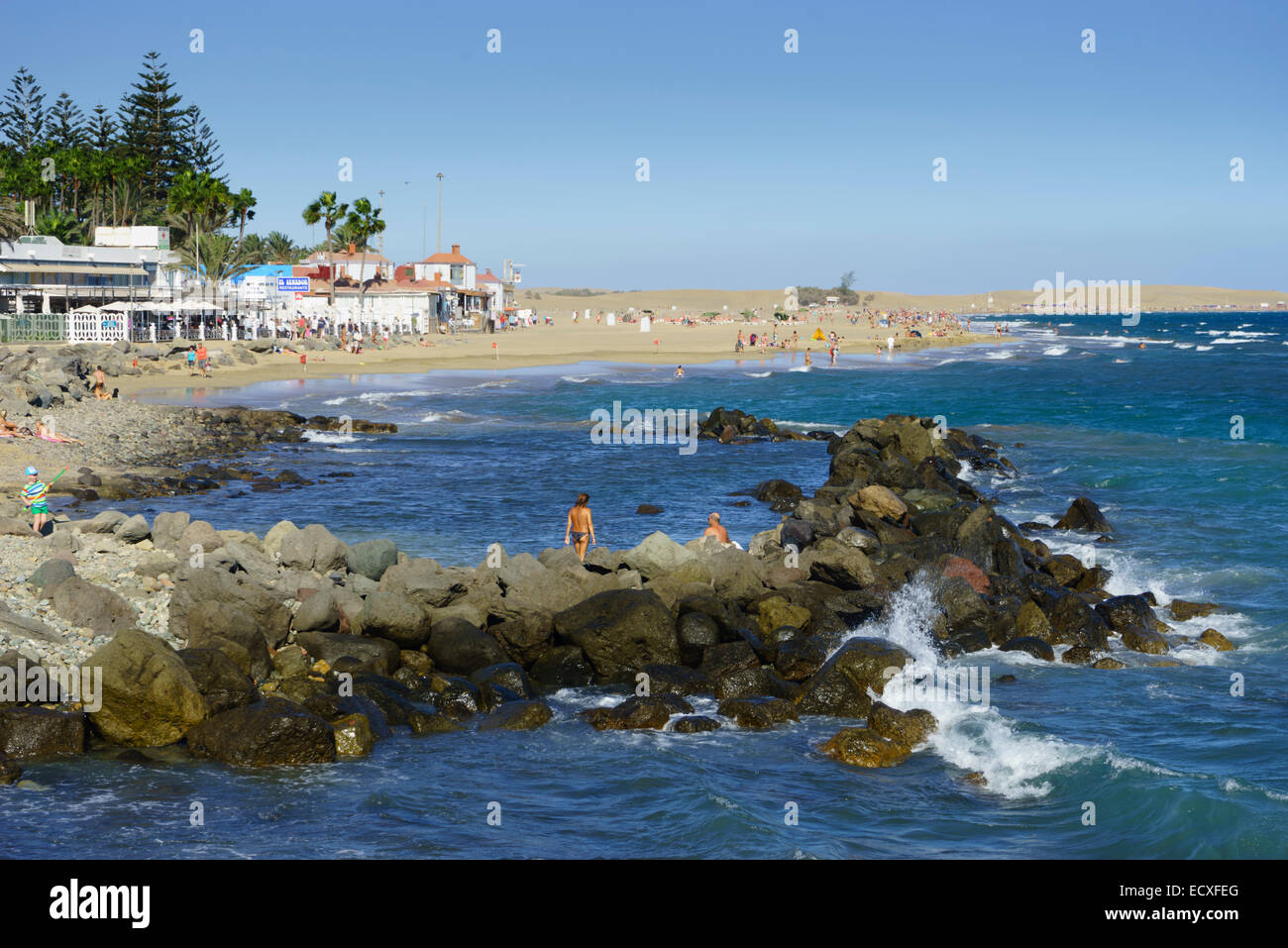 Gran Canaria - Maspalomas, paseo maritim, promenade and beach Stock ...