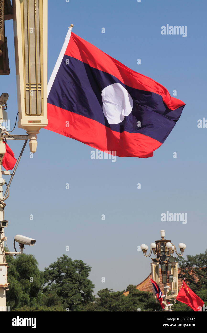 Laos Flag on Flagstaff on the security cameras and devices in Tiananmen ...