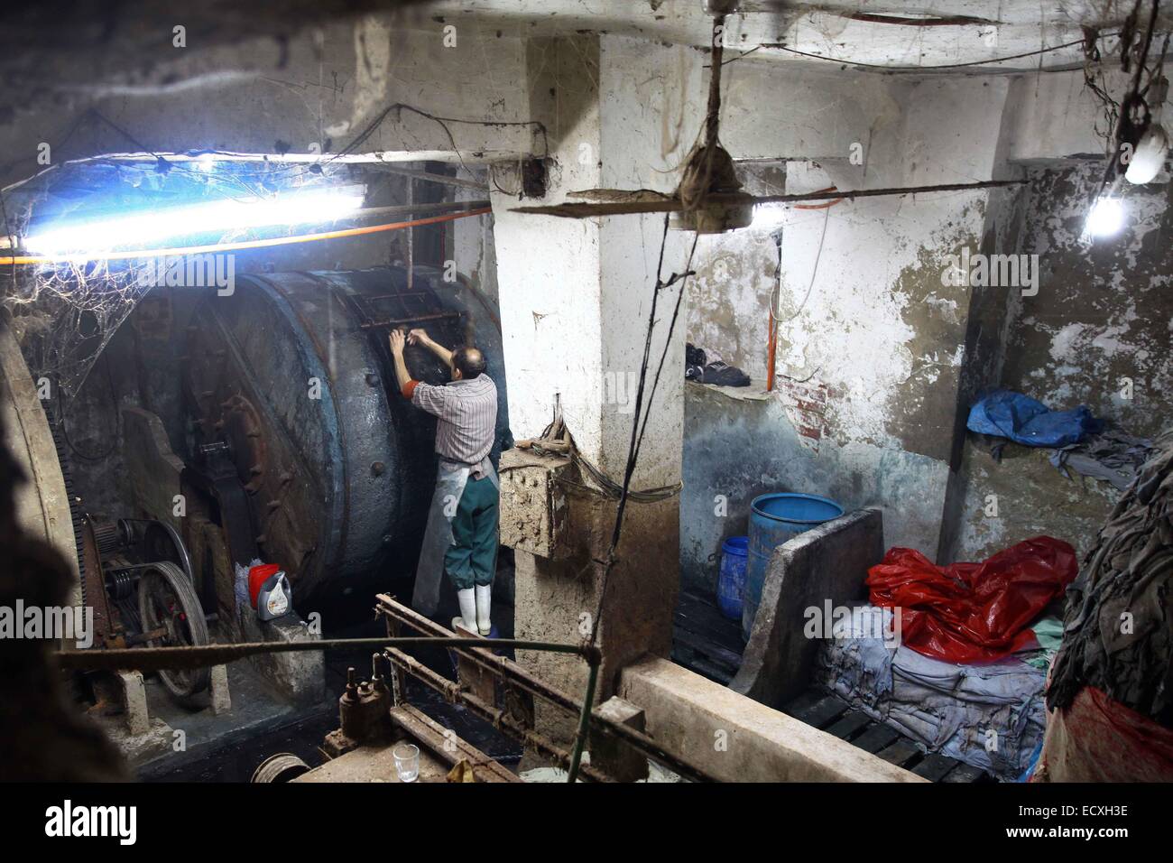Cairo, Egypt. 20th Dec, 2014. Mahmoud Helmy, 44, washes animal skins in ...