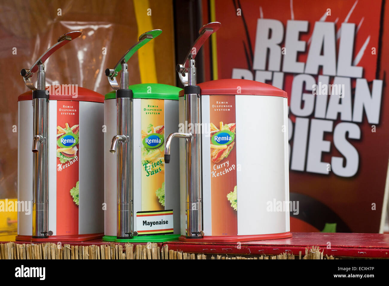 Condiment dispensers on a burger and Belgian pie Van Stock Photo - Alamy