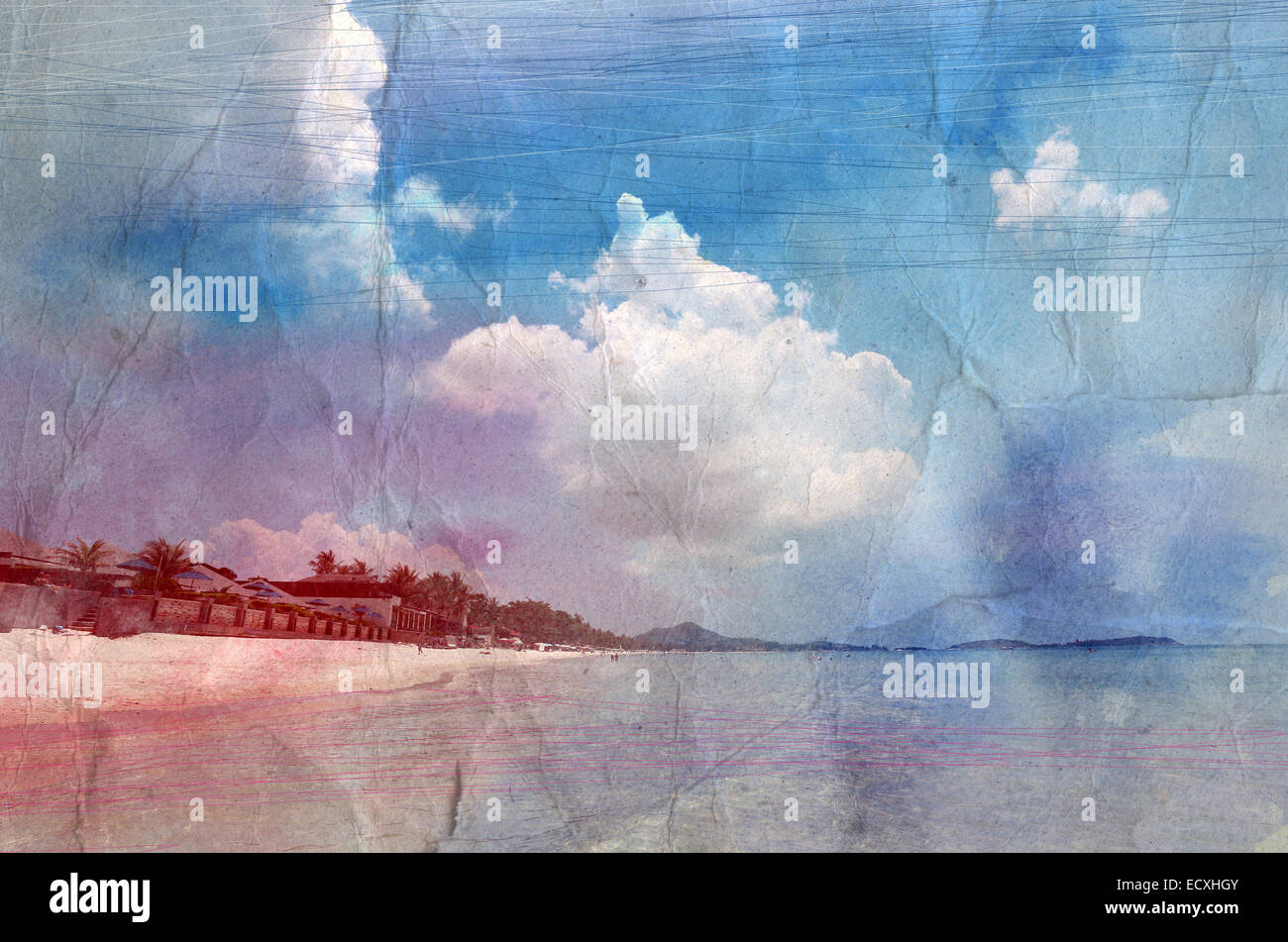 retro watercolor beach tropical Stock Photo - Alamy