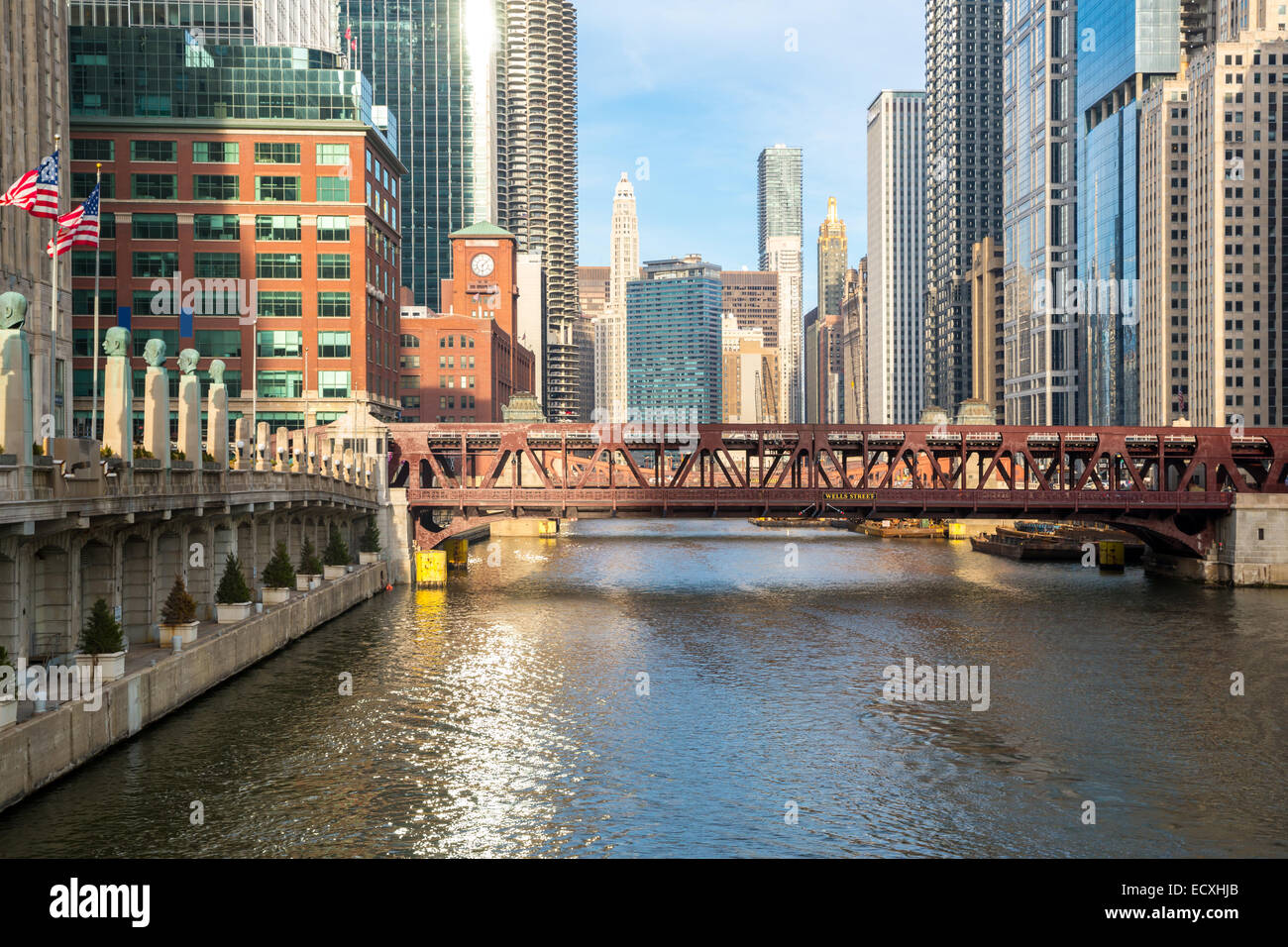 City of Chicago downtown and River with bridges Stock Photo - Alamy