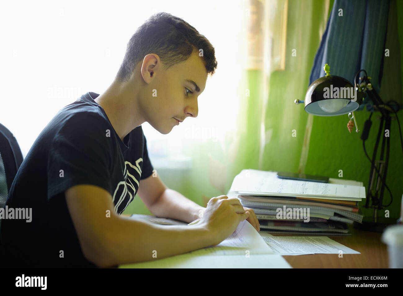 Closeup of a teenage boy doing homework at his desk at home Stock Photo ...
