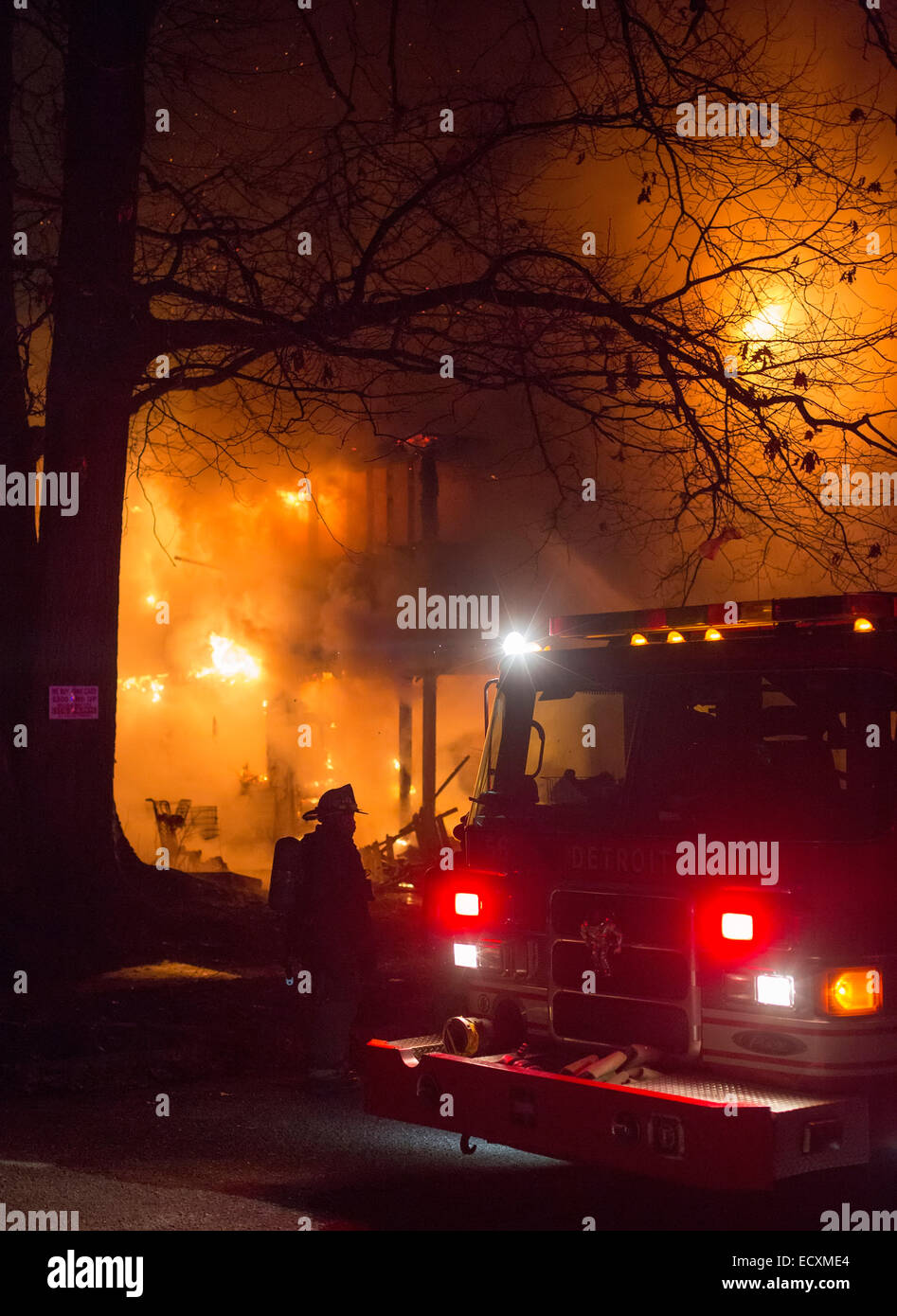 Detroit, Michigan USA - Firefighters battle a fire which destroyed a ...