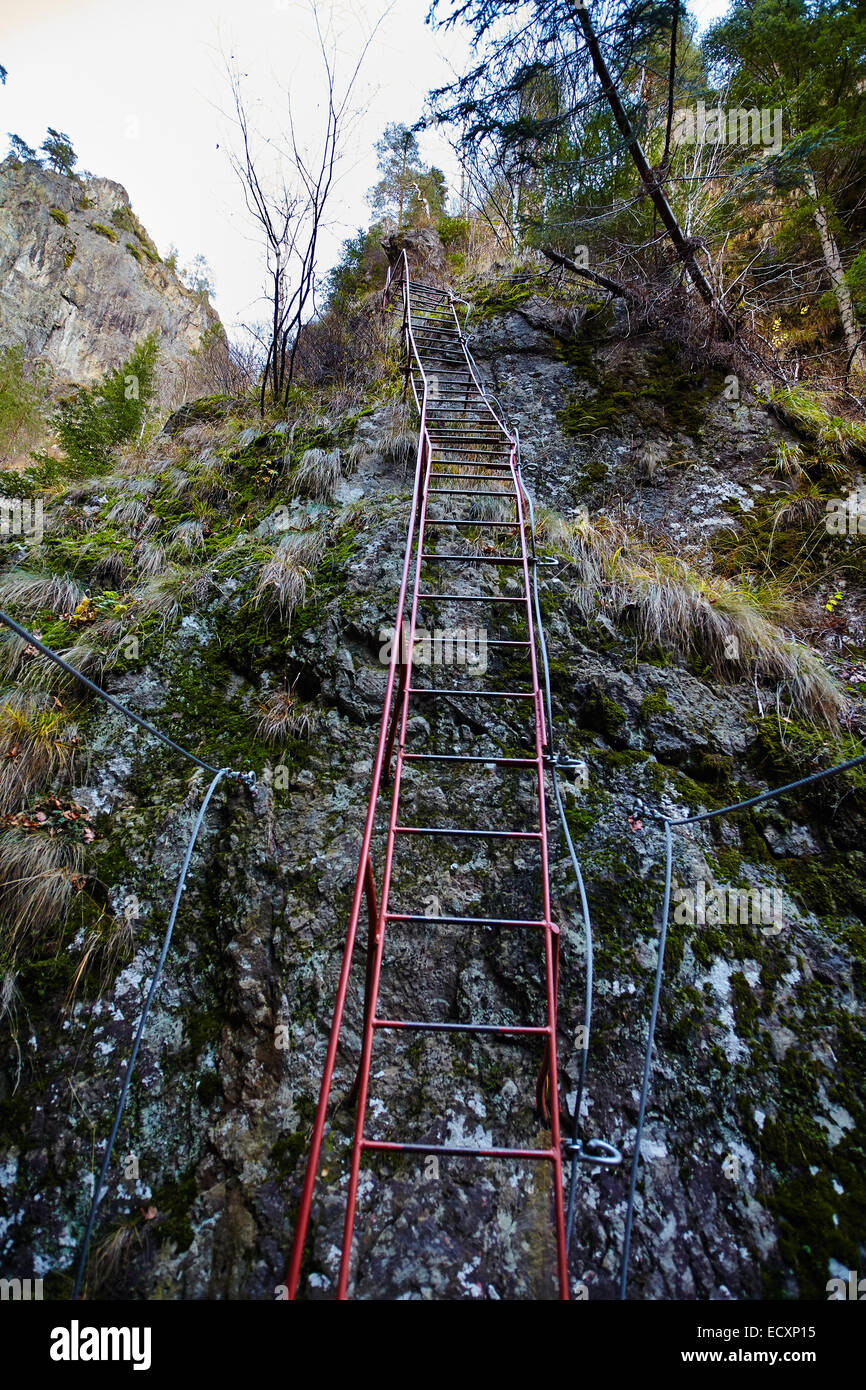 Iron ladder with safety cables for climbing a mountain wall Stock Photo ...