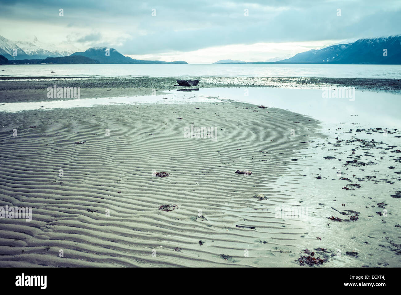 Empty Alaskan beach at low tide with sand ripples and mountains in the ...