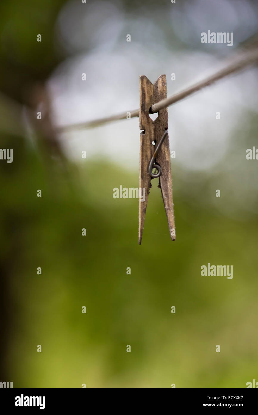 An old wooden clothes pin hangs on a cotton clothesline Stock Photo - Alamy