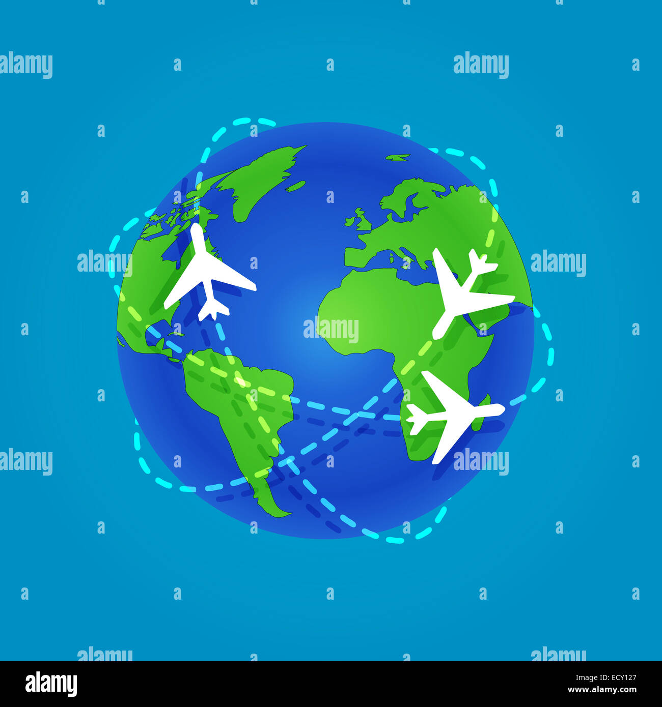 Three Airplanes flying around a globe Stock Photo - Alamy