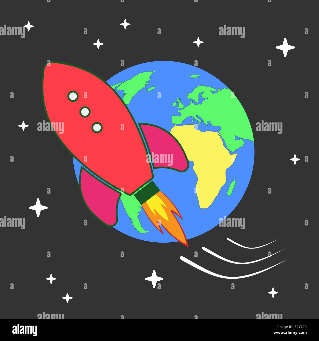 illustration of space rocket flying around Earth Stock Photo - Alamy