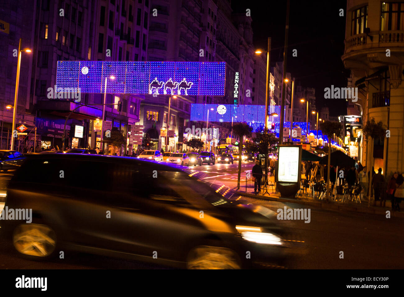 Decorated Street at night, Gran Via Madrid Stock Photo - Alamy