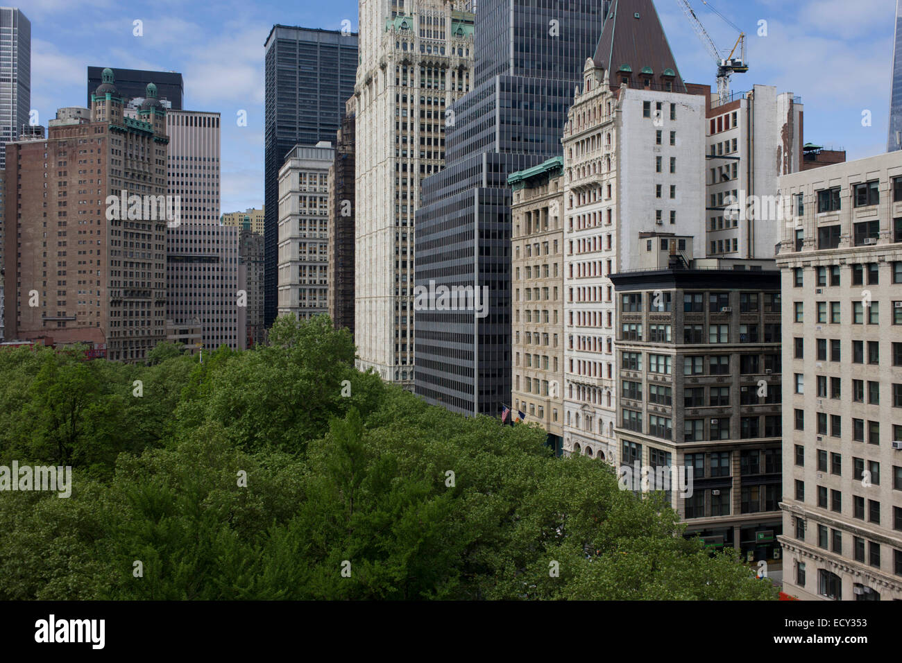 Wide cityscape of skyscrapers looking across Broadway in Manhattan, New ...