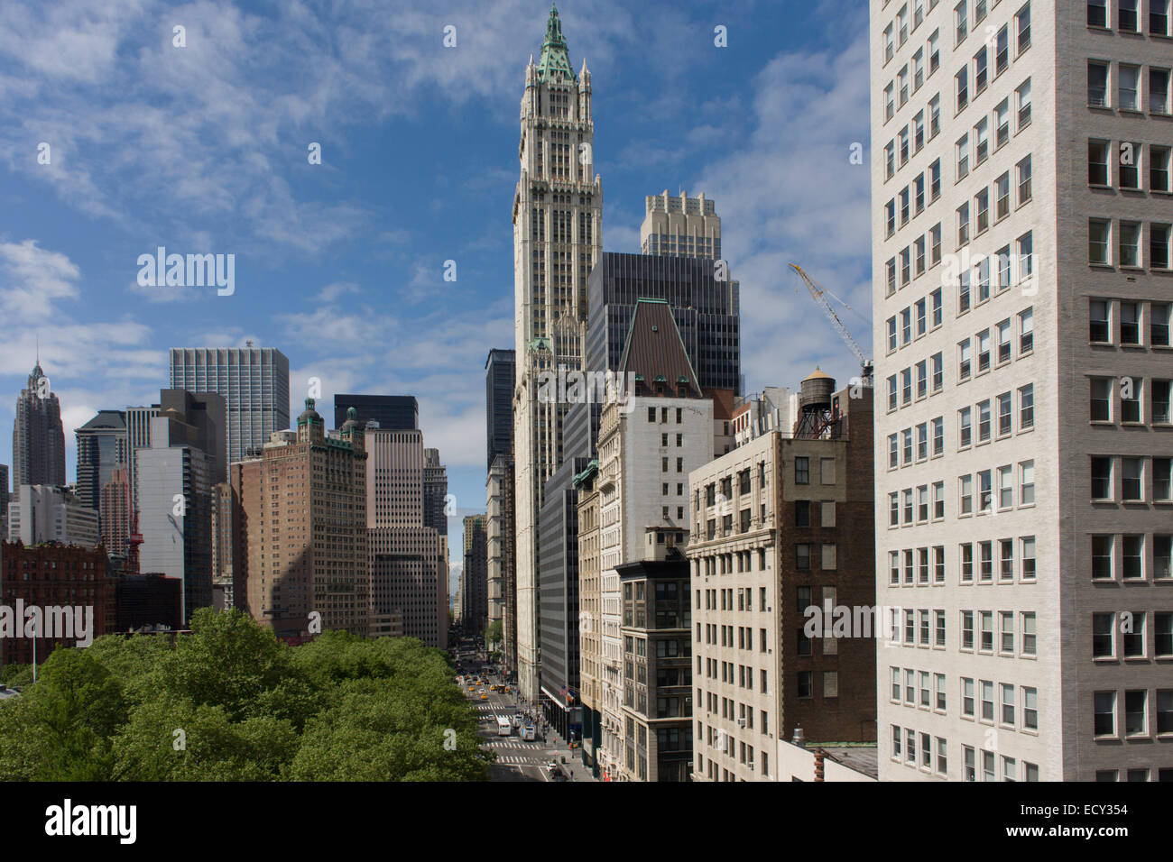 Wide cityscape of skyscrapers looking across Broadway in Manhattan, New ...