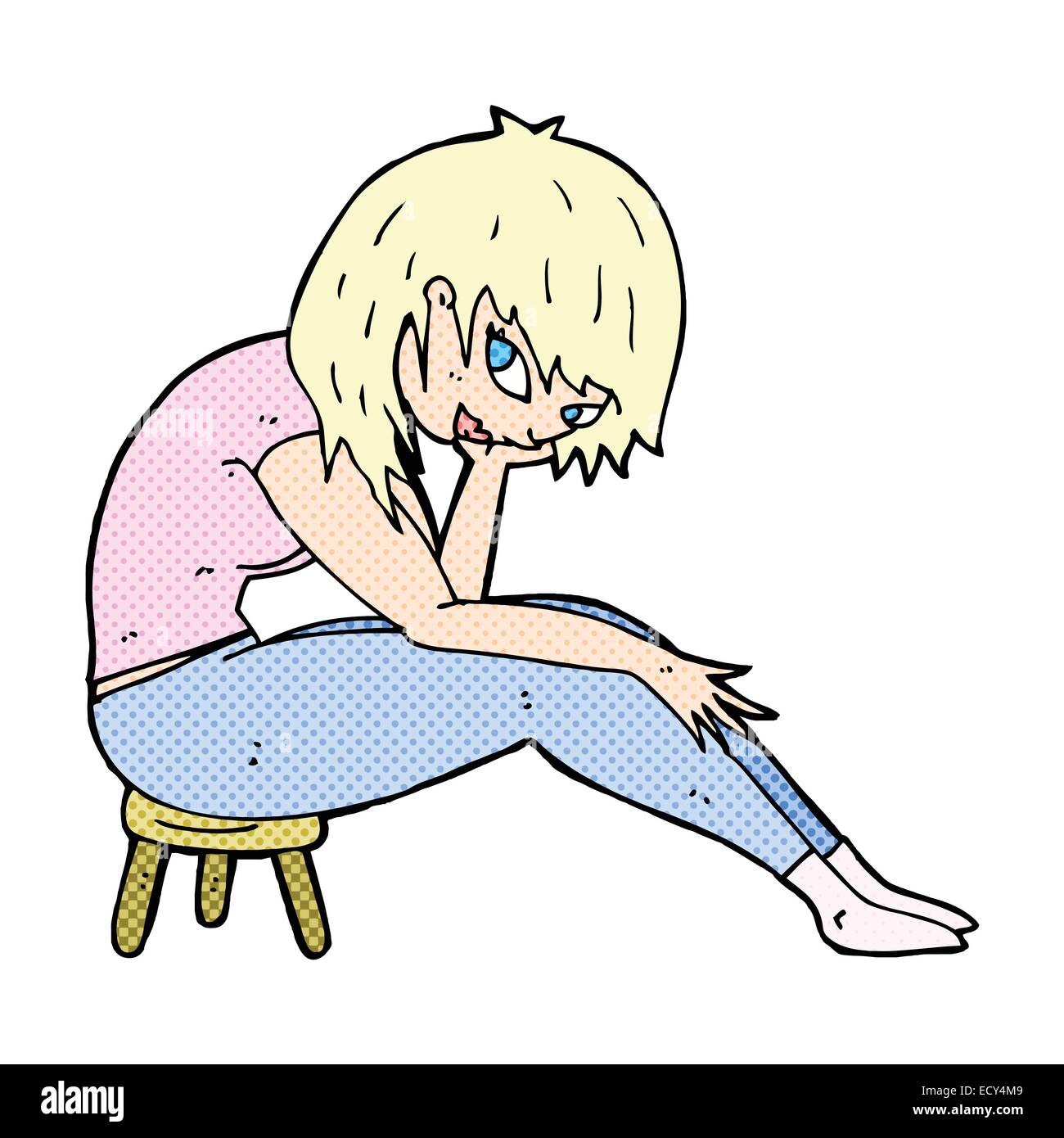 retro comic book style cartoon woman sitting on small stool Stock ...