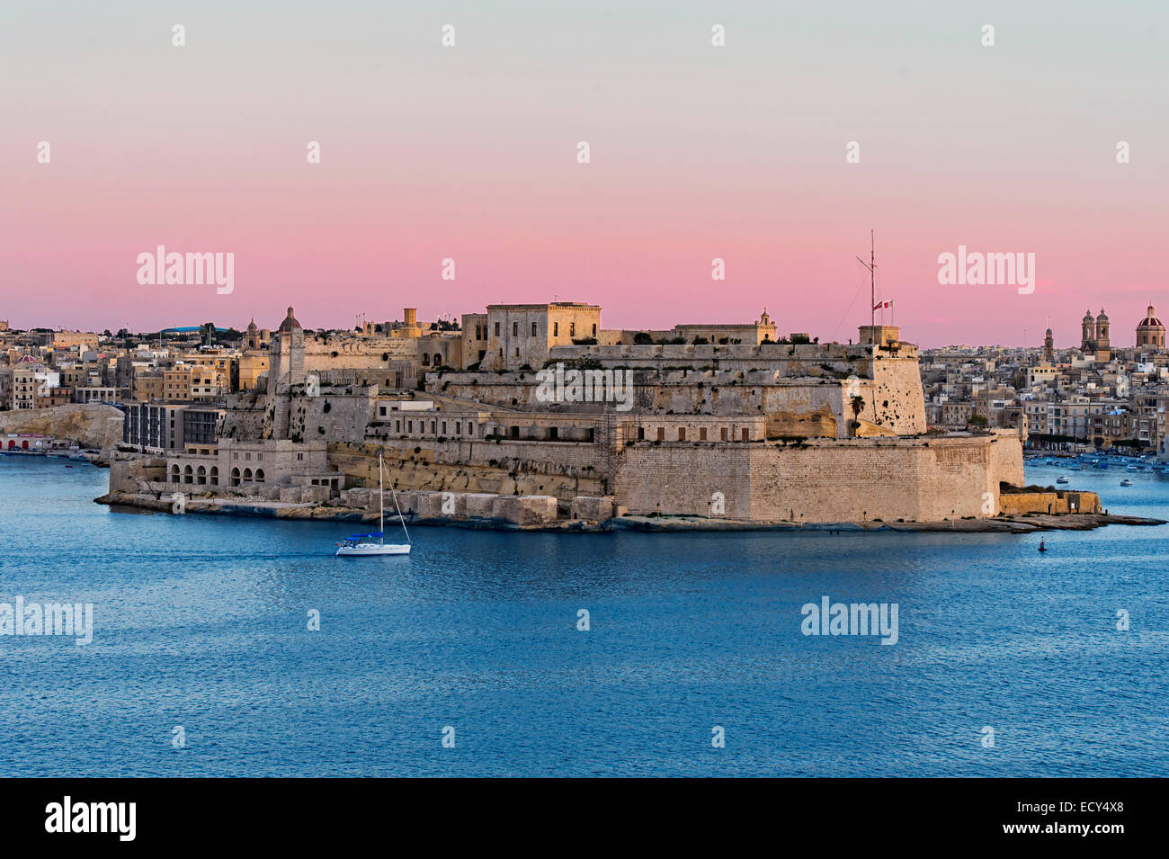 View from Valletta of the fortress Fort St. Angelo in the centre of the ...
