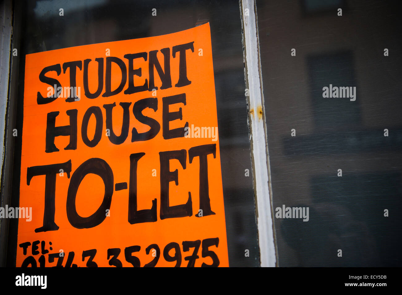 'Student House To Let' handwritten sign on orange paper in the window ...