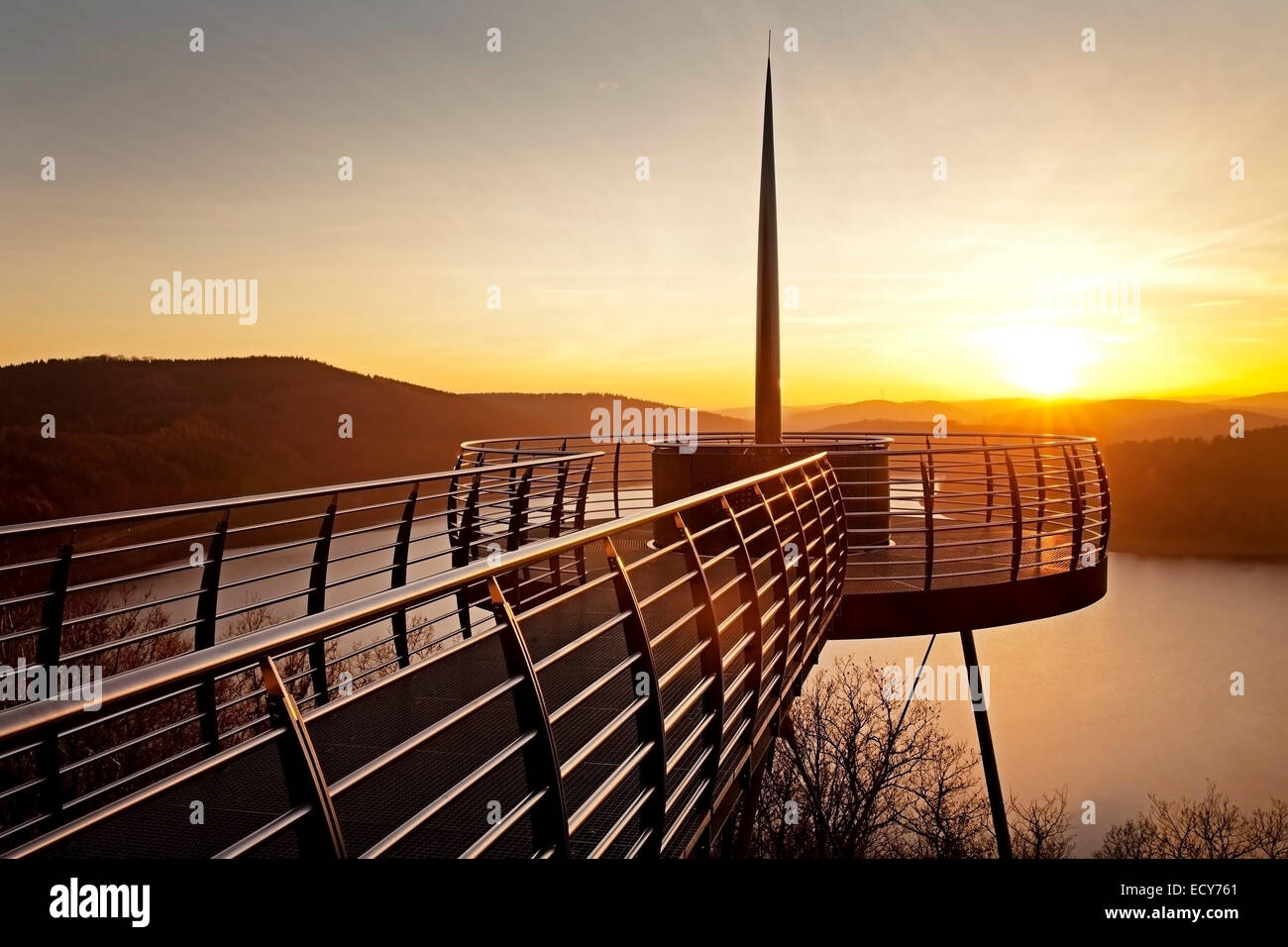 Viewing platform Biggeblick at sunset, Biggesee reservoir, Attendorn ...
