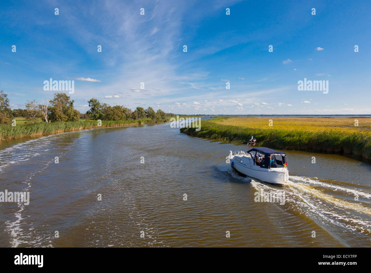 Prerower Strom or Prerowstrom, arm of the Baltic Sea, with motorboat ...