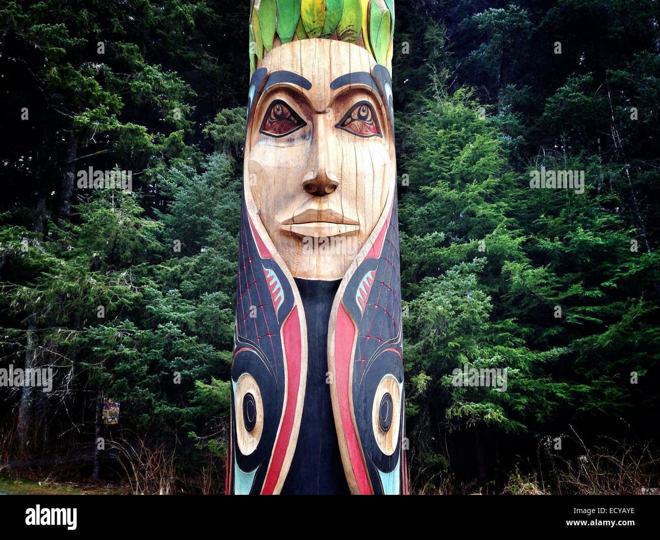 Ornate carved Native American totem pole in forest Stock Photo - Alamy
