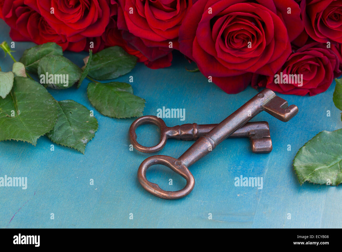 Keys with crimson roses Stock Photo - Alamy