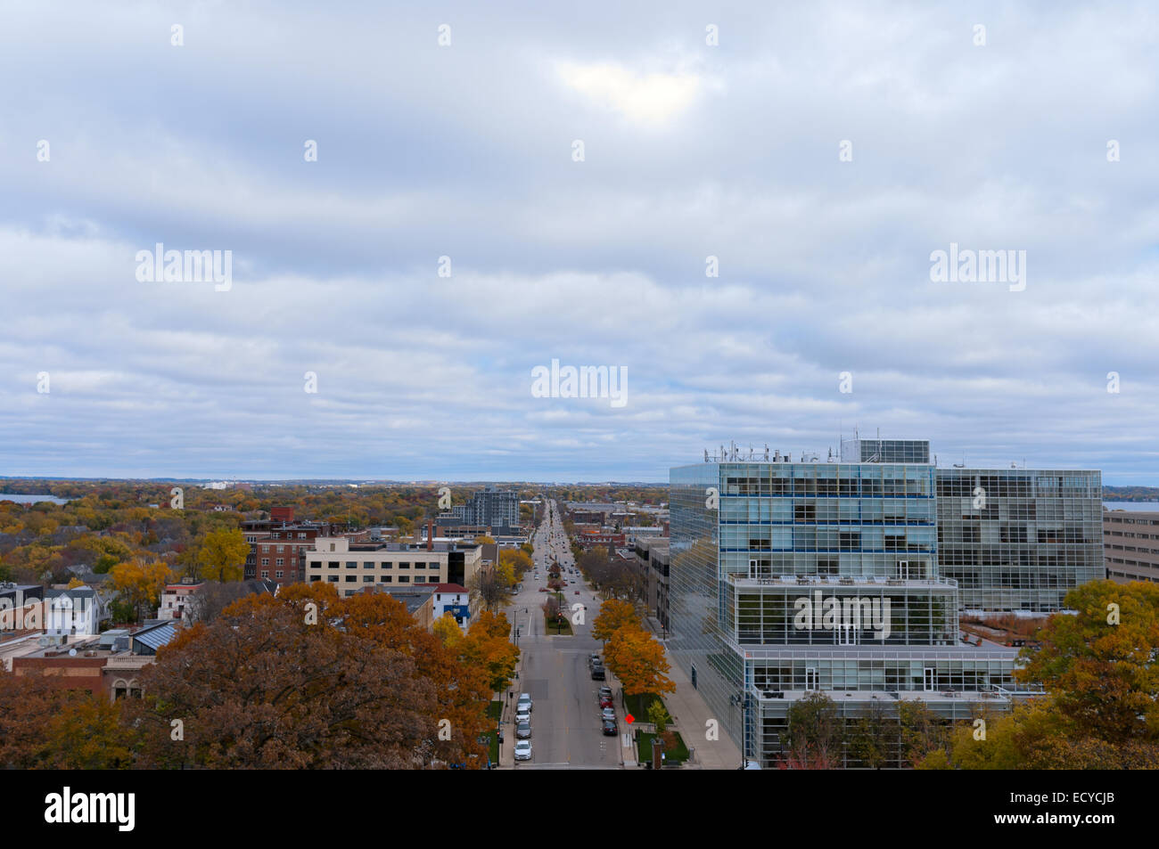 Aerial view of downtown Madison Wisconsin from Capitol building along ...