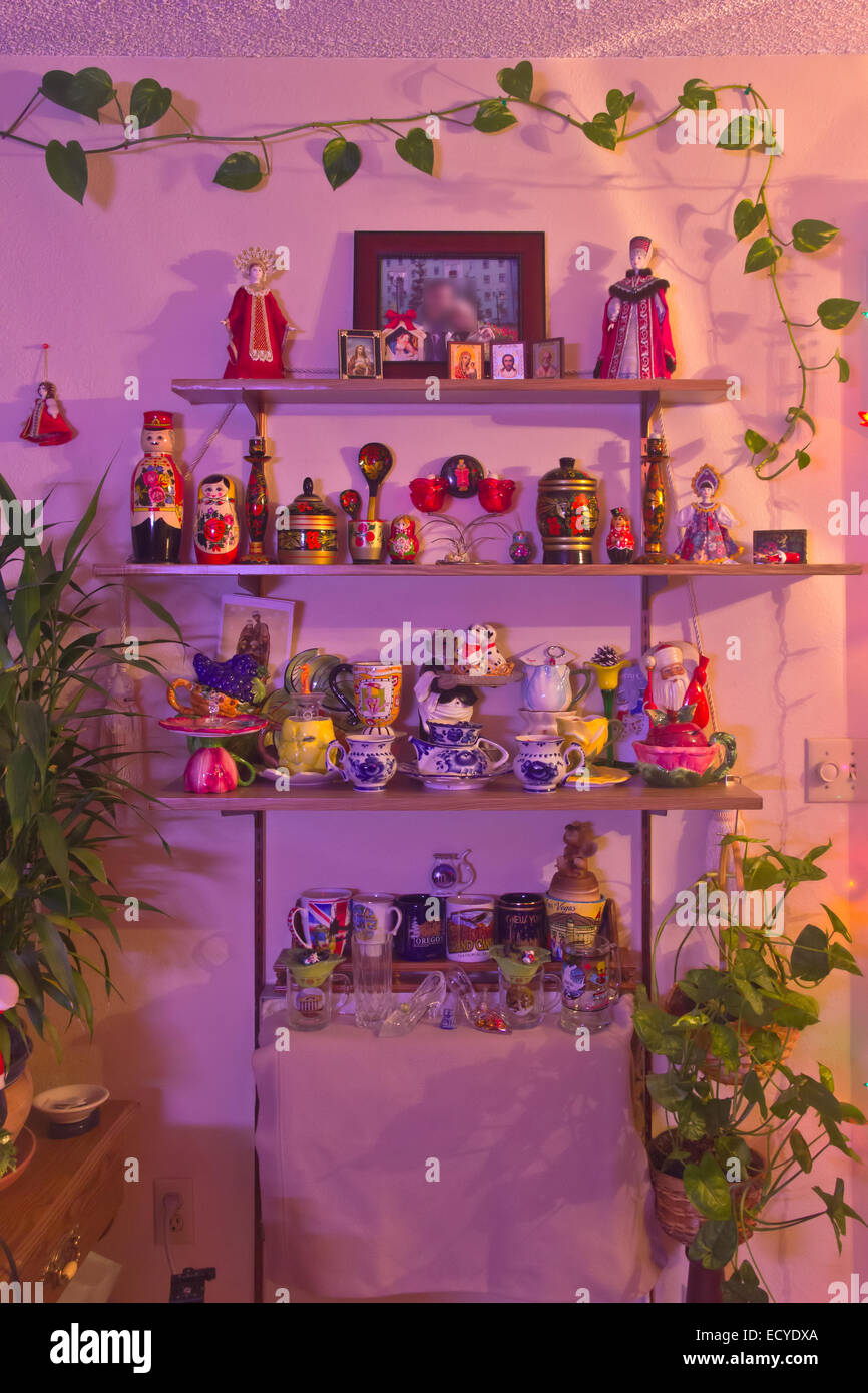 Decorated wall of various collectible objects Stock Photo - Alamy