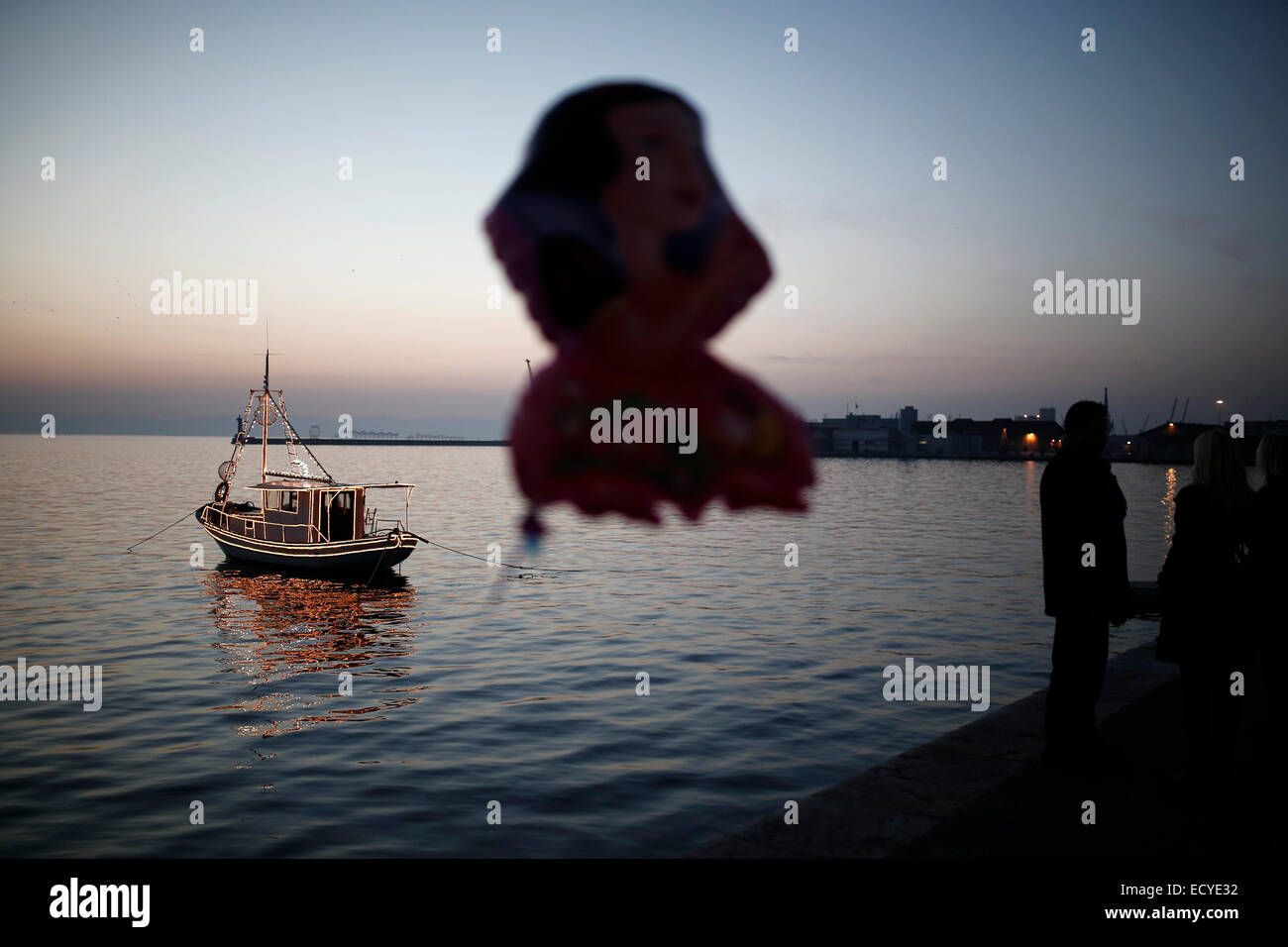 An illuminated Christmas ship at the seafront of Thessaloniki, Greece ...