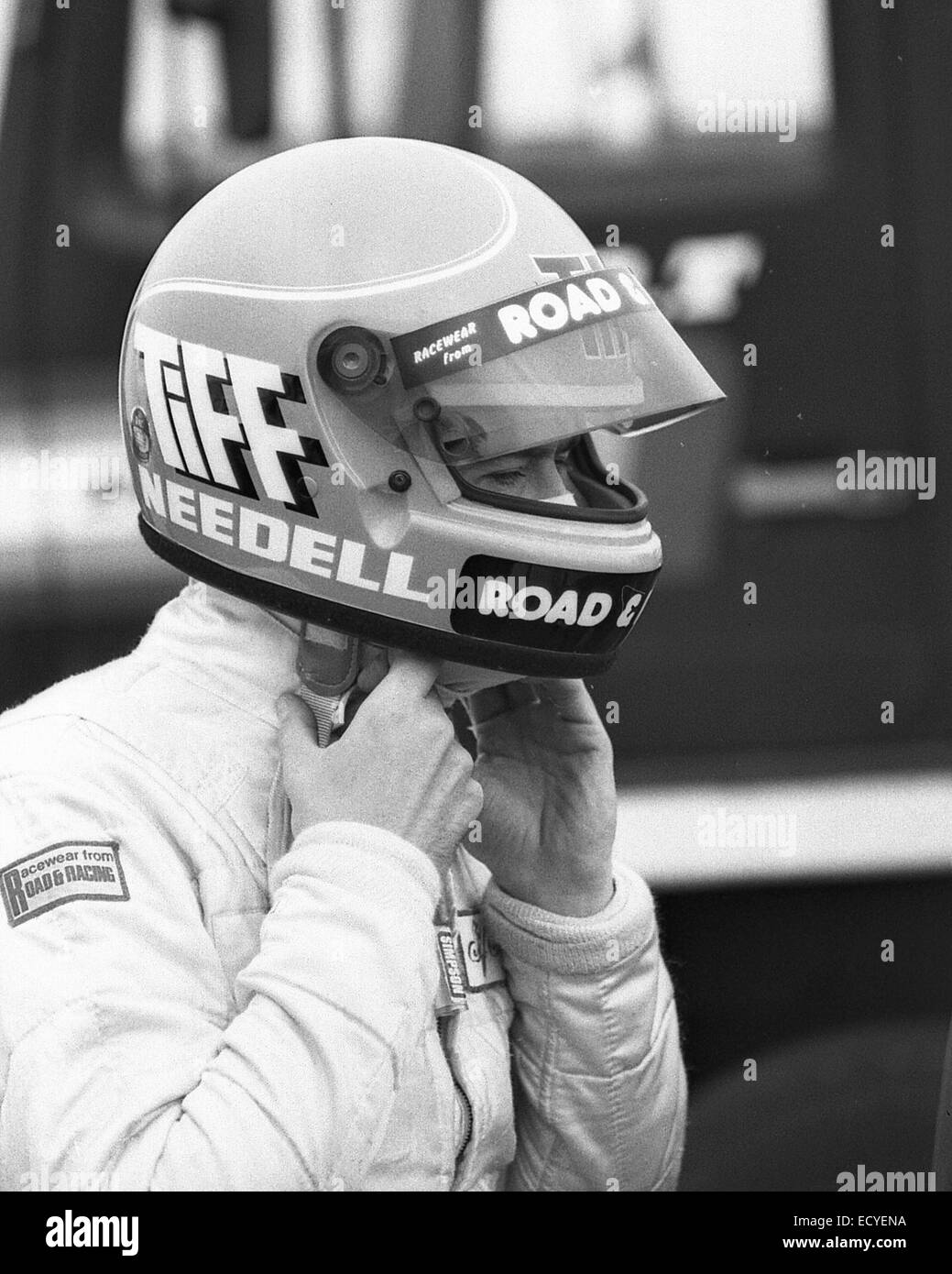 racing driver Tiff Needell in helmet and race suit 1984 Stock Photo - Alamy