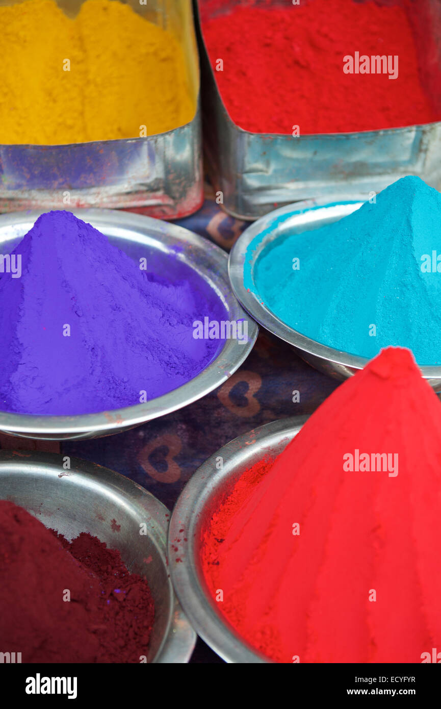 Colorful piles of Indian bindi powder dye at outdoor local Devaraja ...