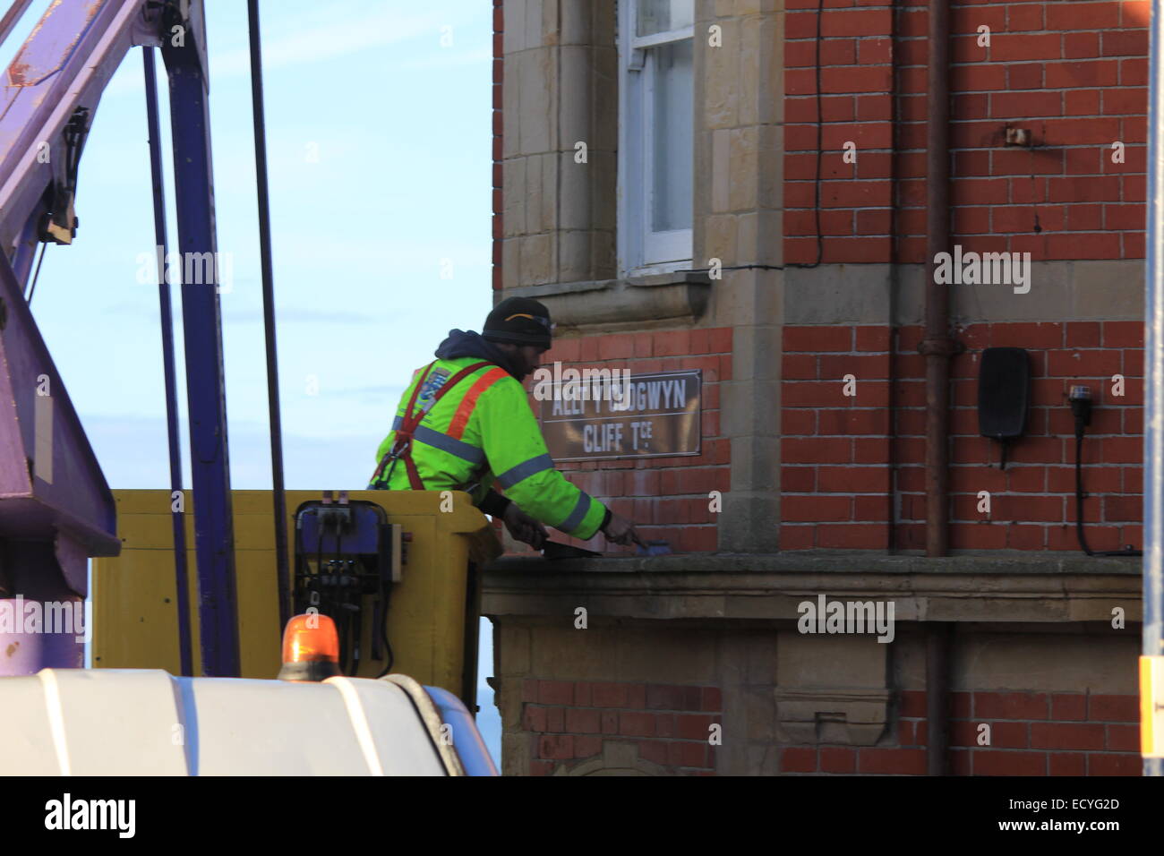 Aberystwyth Wales, a new road sign is mounted to the famous cliff ...