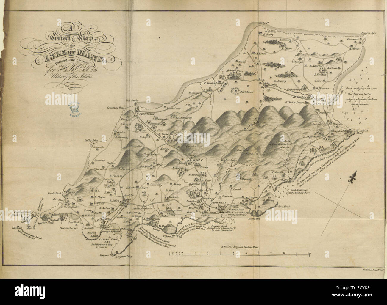 A map from 1816 showing the Isle of Man, detailing its geographical ...