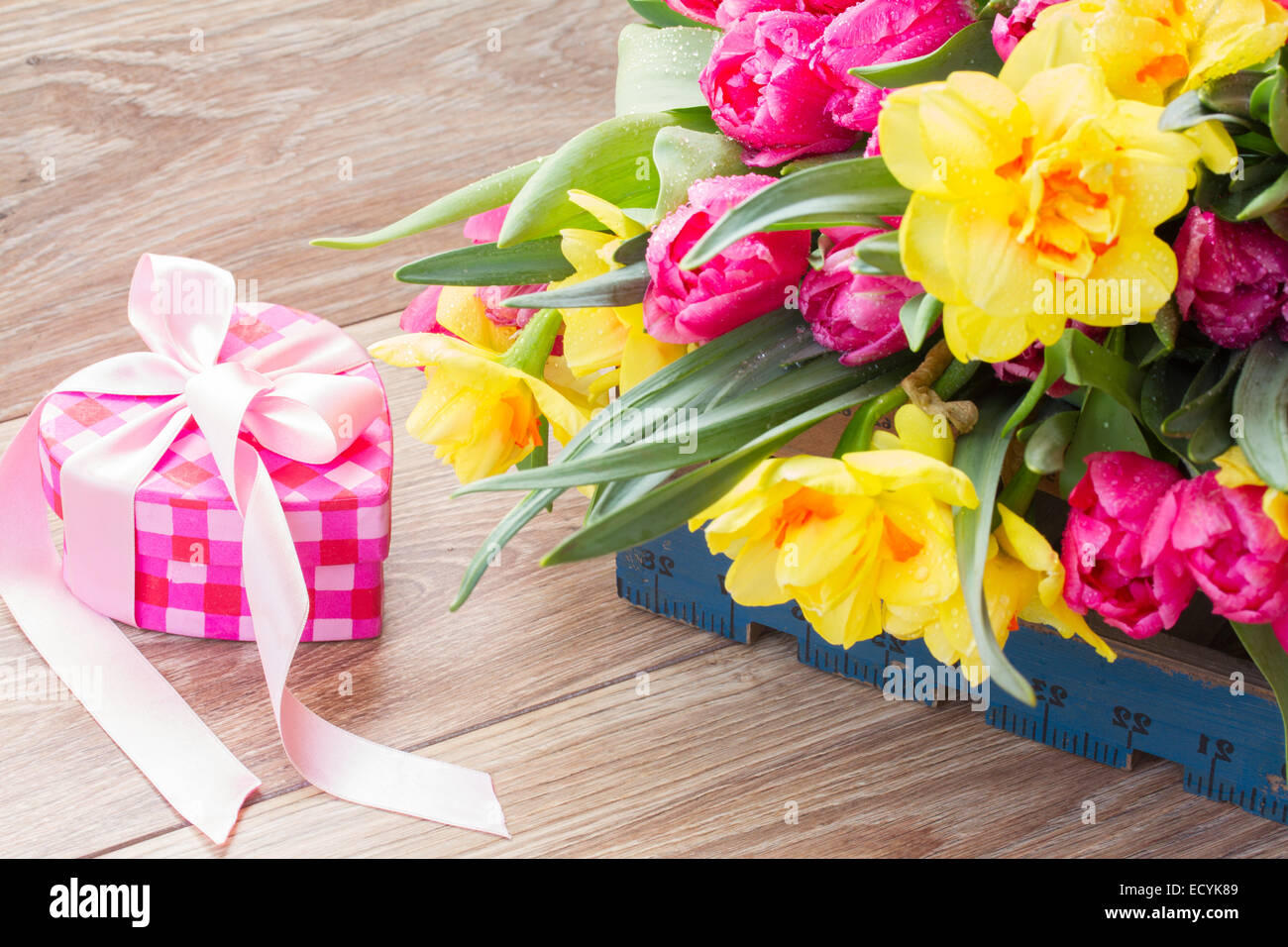 spring flowers with gift box Stock Photo - Alamy