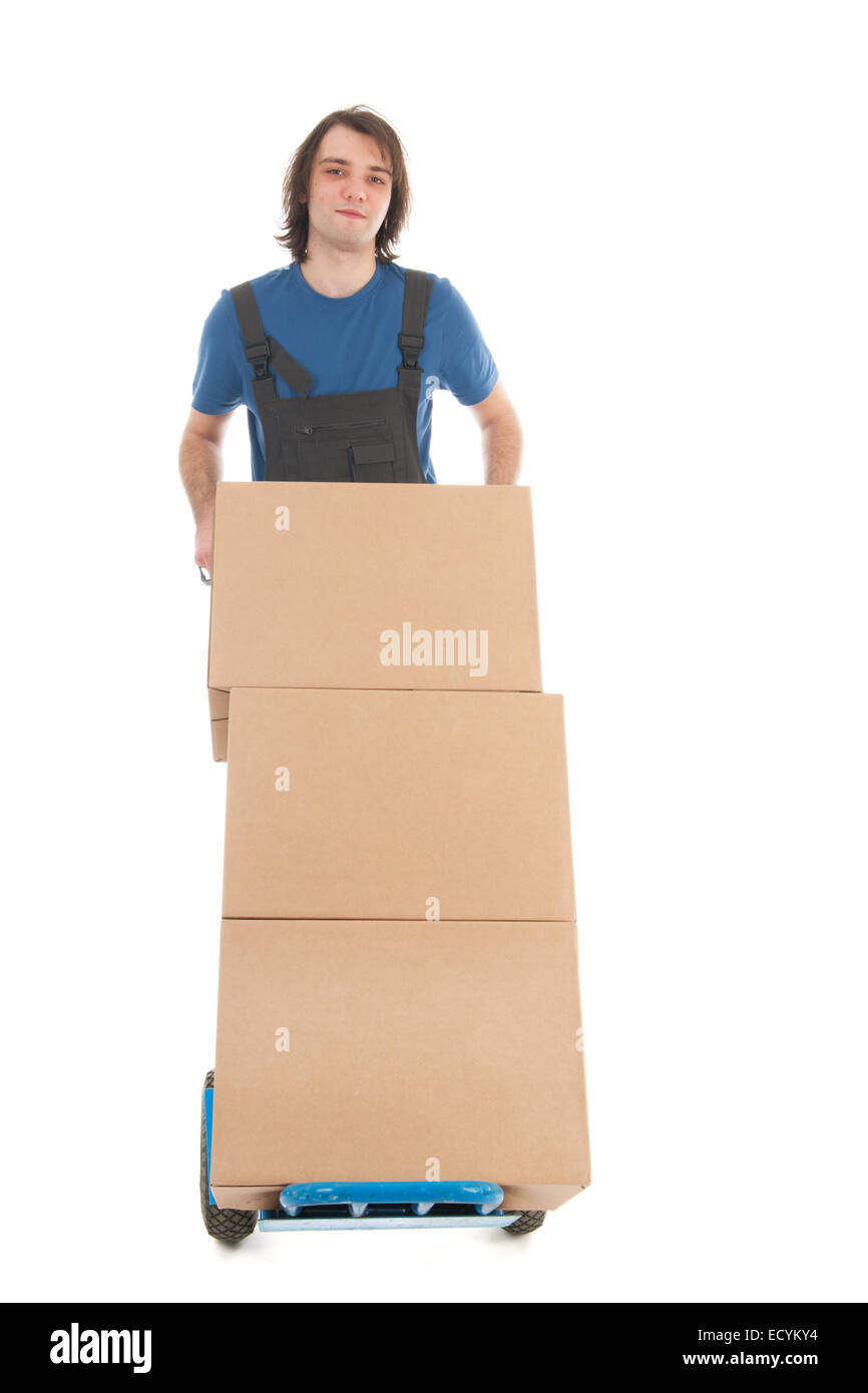 Worker with hand truck and carton boxes isolated over white background ...