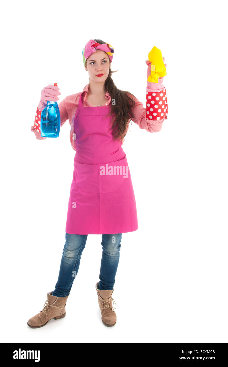 Portrait young female cleaner cleaning the glass isolated over white ...