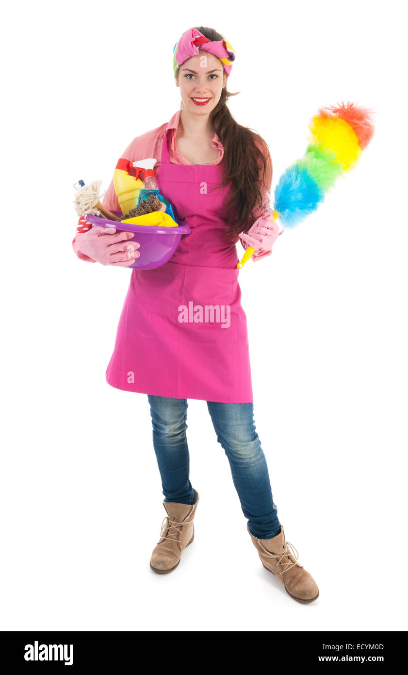 Portrait young female cleaner with full equipment isolated over white ...