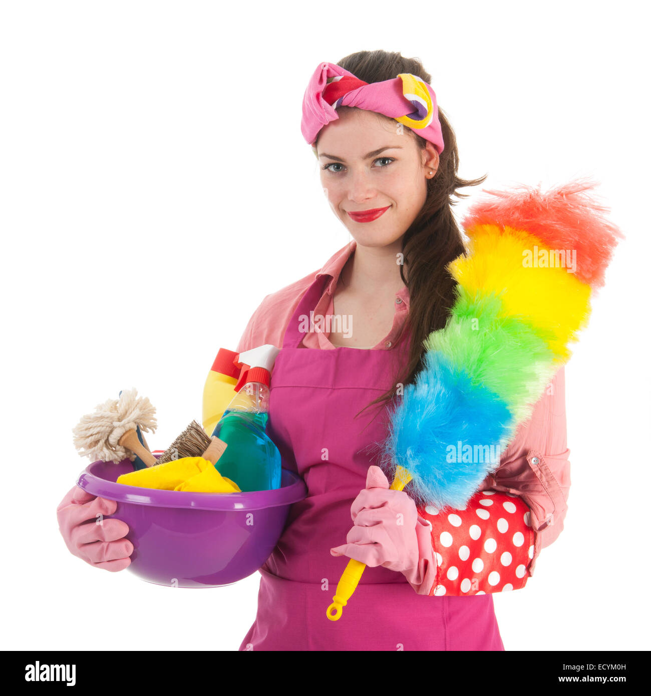 Portrait young female cleaner with full equipment isolated over white ...