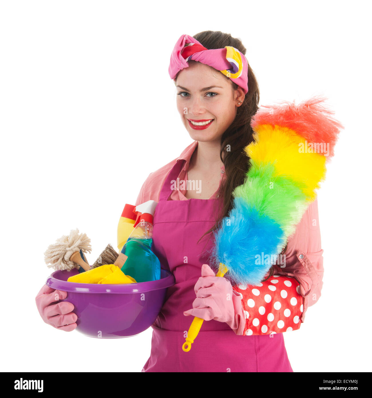 Portrait young female cleaner with full equipment isolated over white ...