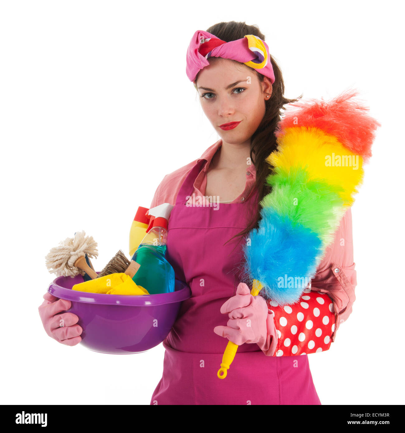 Female cleaner with apron and equipment isolated over white background ...