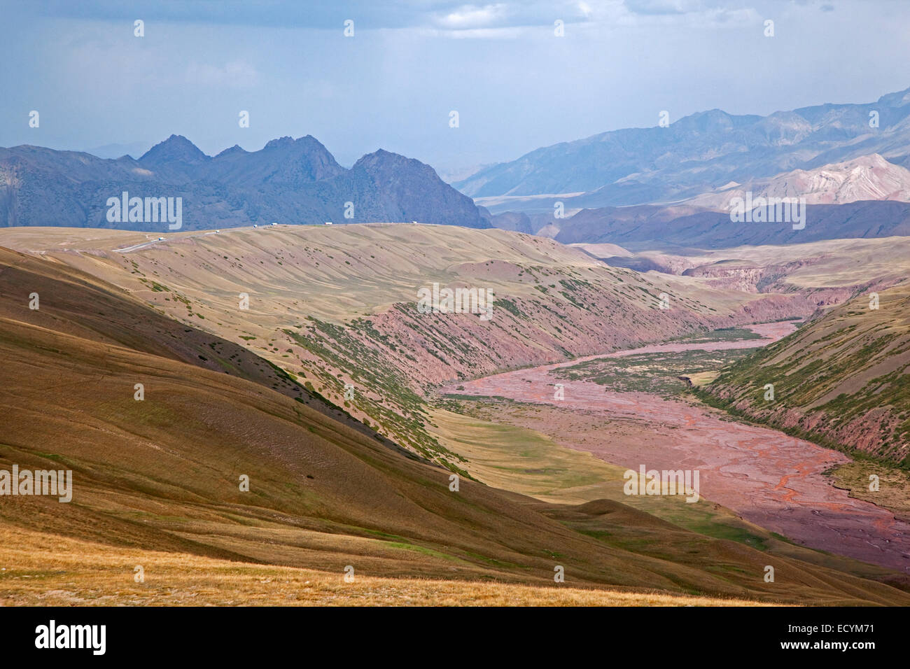 Riverbed along road over the Irkeshtam pass, border crossing between ...
