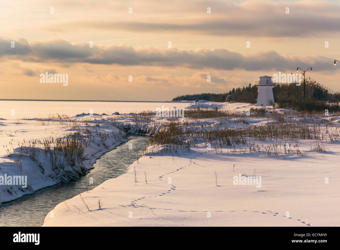 Range light or lighthouse on a frozen waterfront in Summerside, Prince Edward Island Stock Photo ...