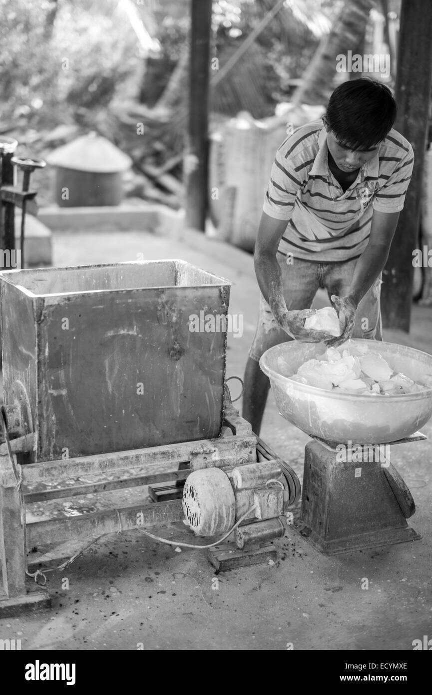 Vietnamese family working in their small home factory making rice paper ...
