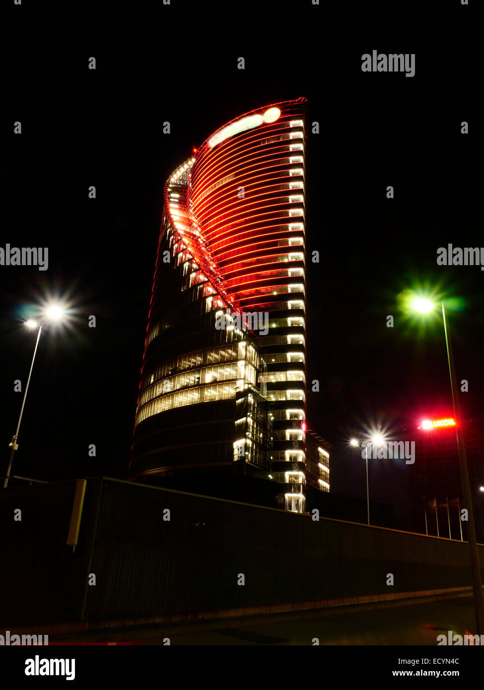 modern buildings in red colours at night Stock Photo - Alamy