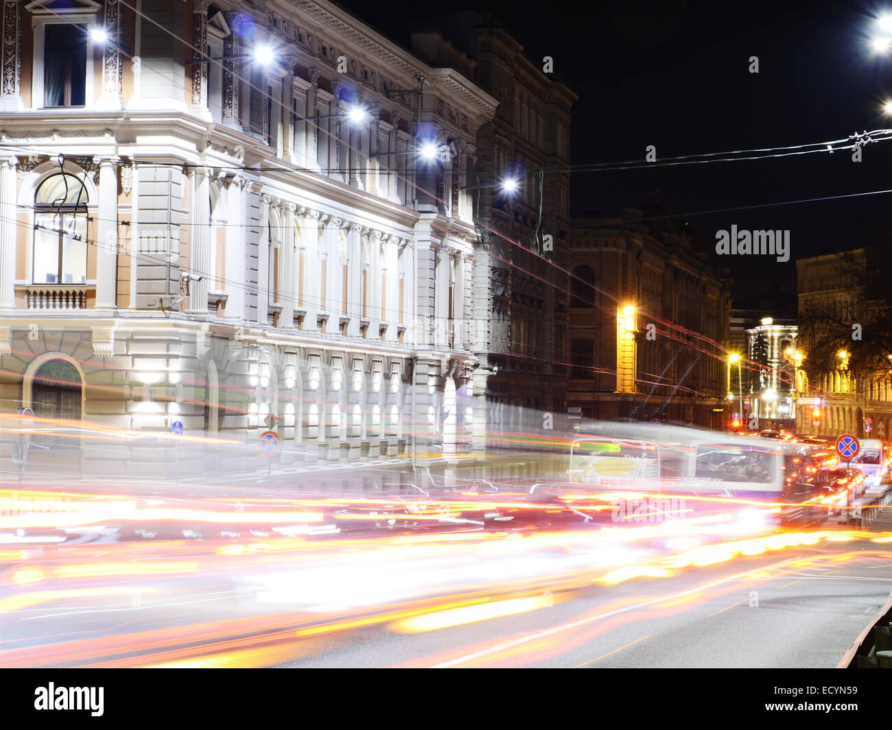 Night view of Historic building and light trails Stock Photo - Alamy