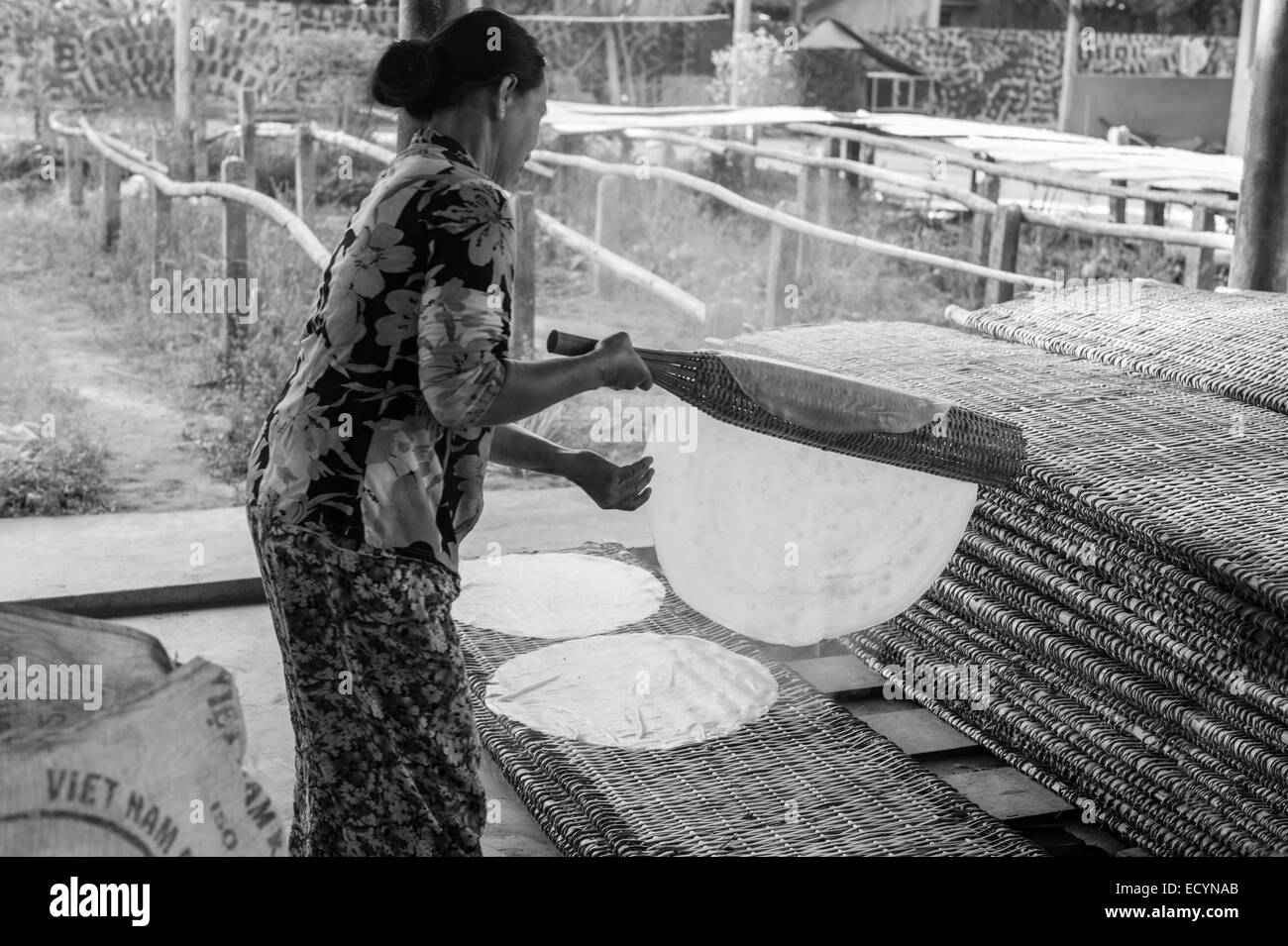 Vietnamese family working in their small home factory making rice paper ...