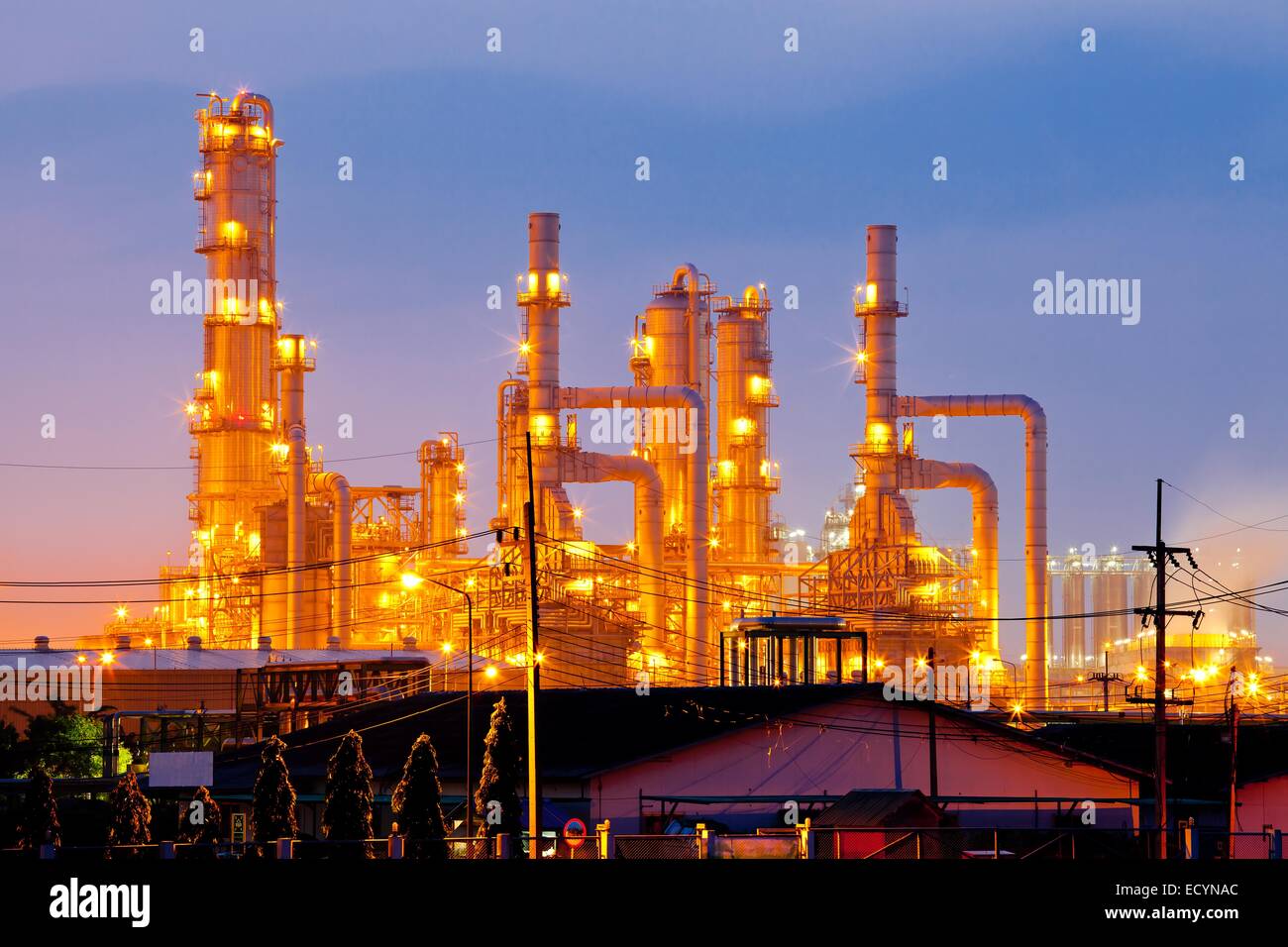 Architecture of Oil Refinery Plant with distillation tower with Sunrise ...