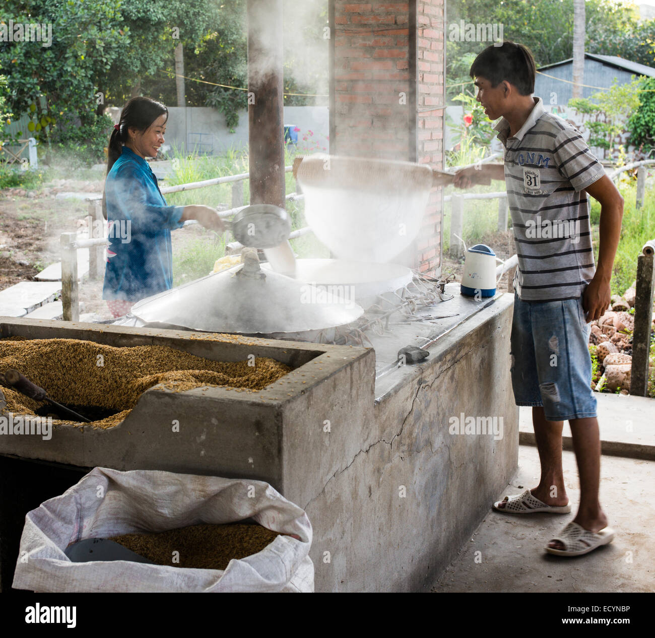 Vietnamese brother and sister work making rice paper in their family's ...