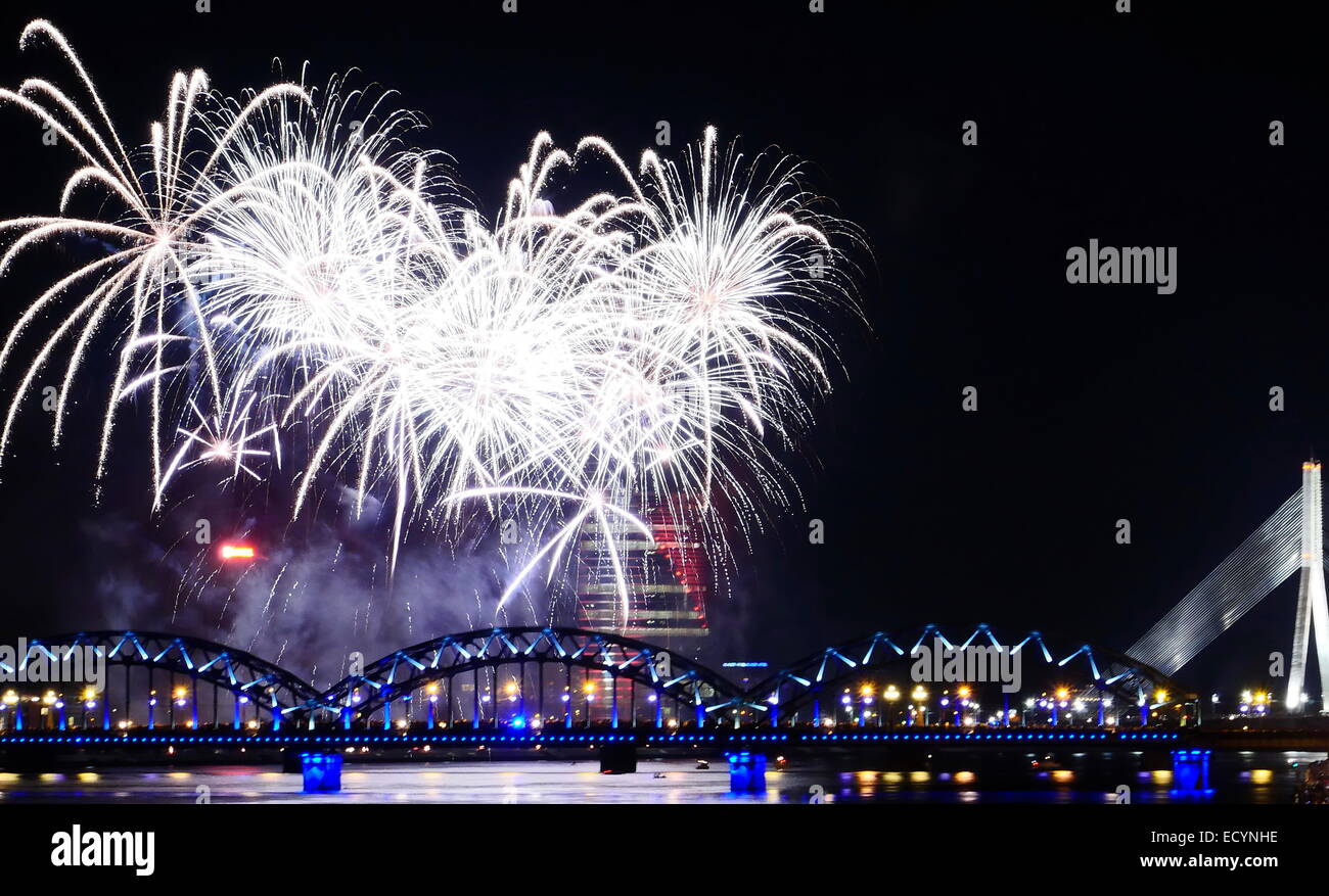 Fireworks in Big Eeuropean city Riga, Independence day Stock Photo - Alamy