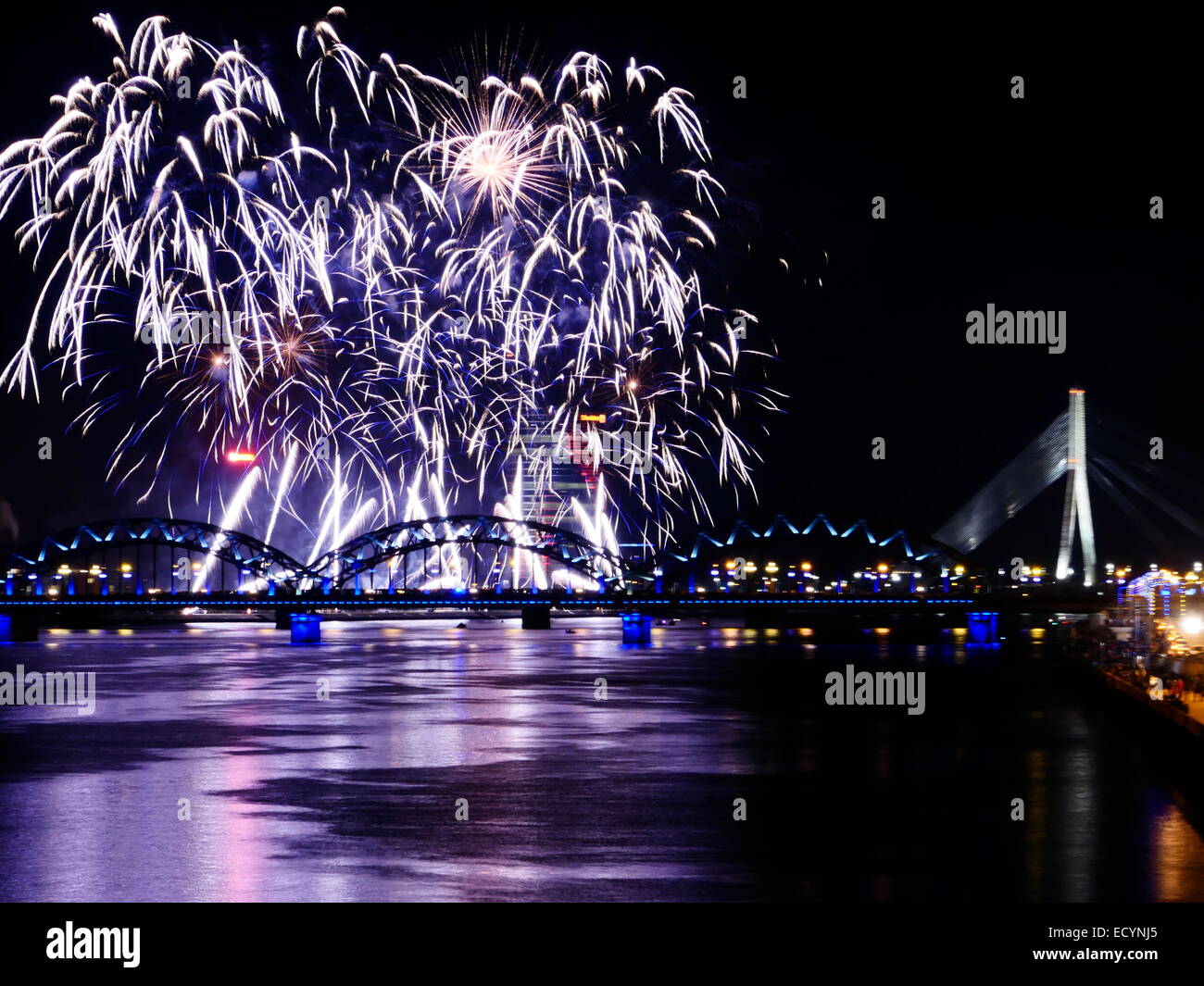 Fireworks in Big Eeuropean city Riga, Independence day Stock Photo - Alamy