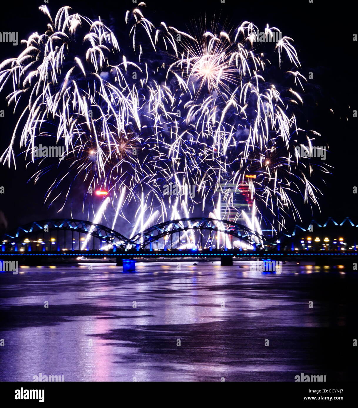 Fireworks in Big Eeuropean city Riga, Independence day Stock Photo - Alamy