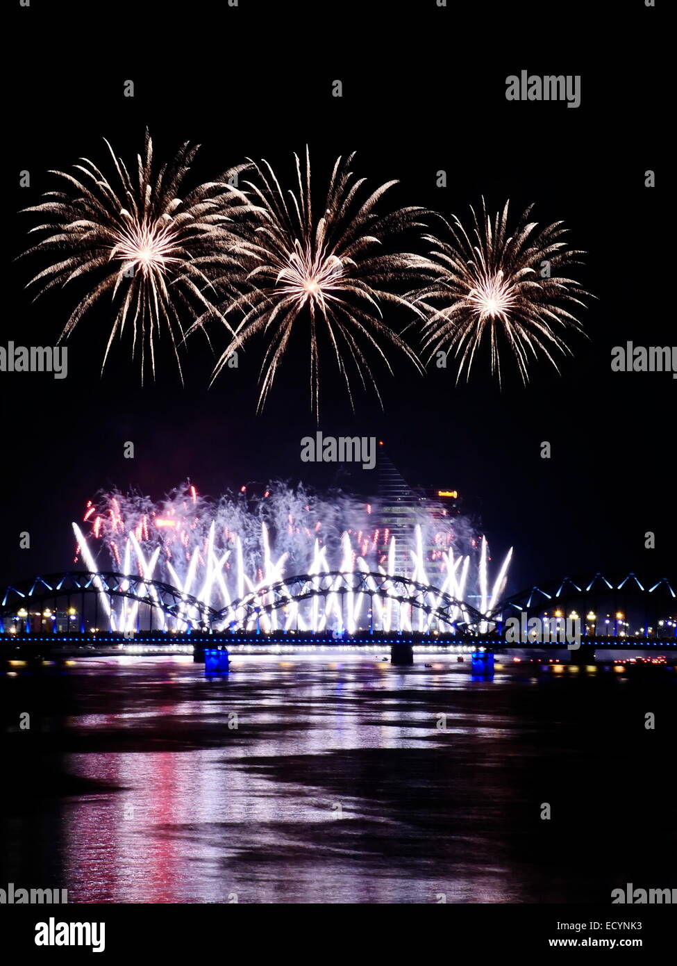 Fireworks in Big Eeuropean city Riga Stock Photo - Alamy