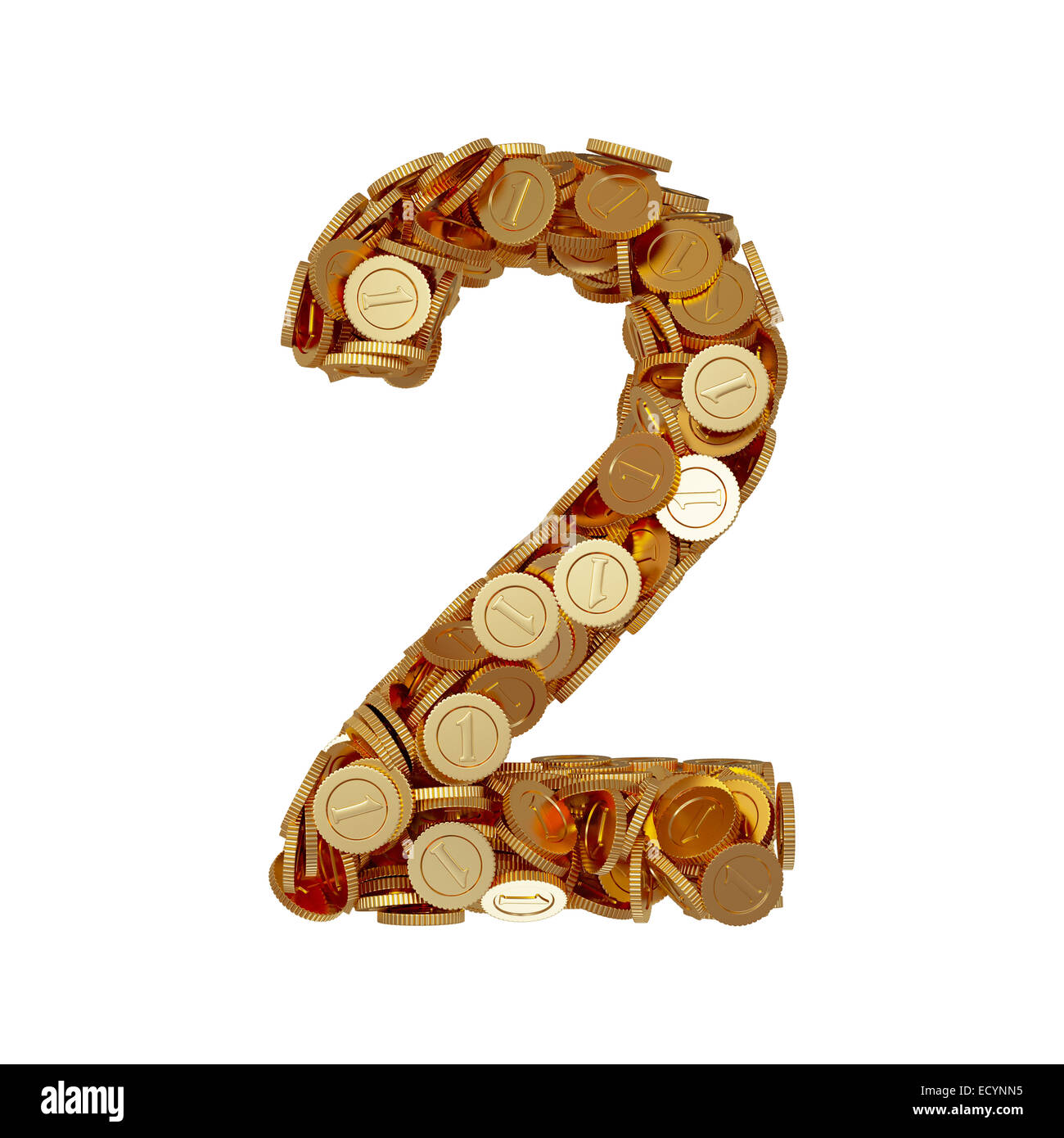 3d illustration of alphabet number digit two 2 with golden coins ...